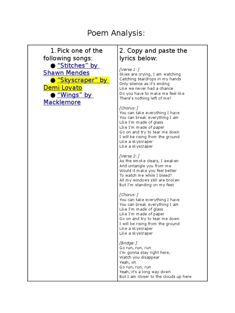 Poem Analysis of "Skyscraper" Lyrics | PDF