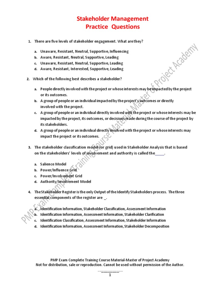 338.1 - Stakeholder Management-10 Practice Questions | PDF | Project ...