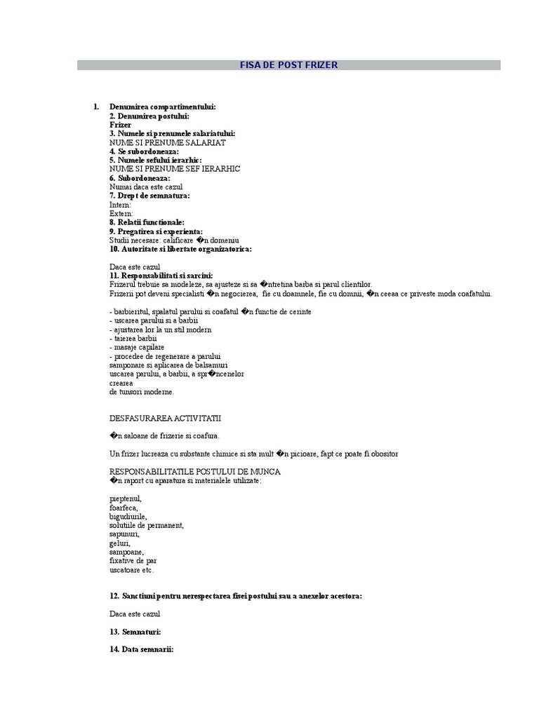 Fisa de Post Frizer | PDF
