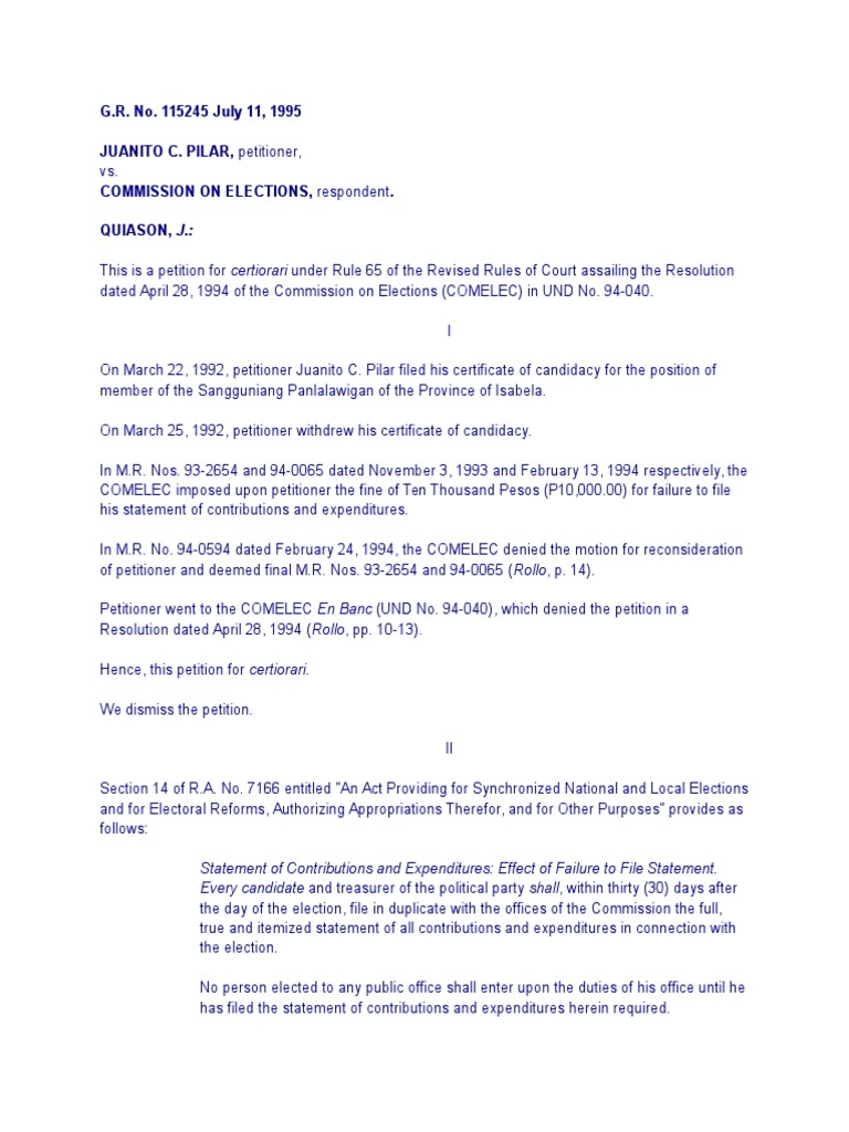 Pilar v. Comelec | Download Free PDF | U.S. Securities And Exchange ...