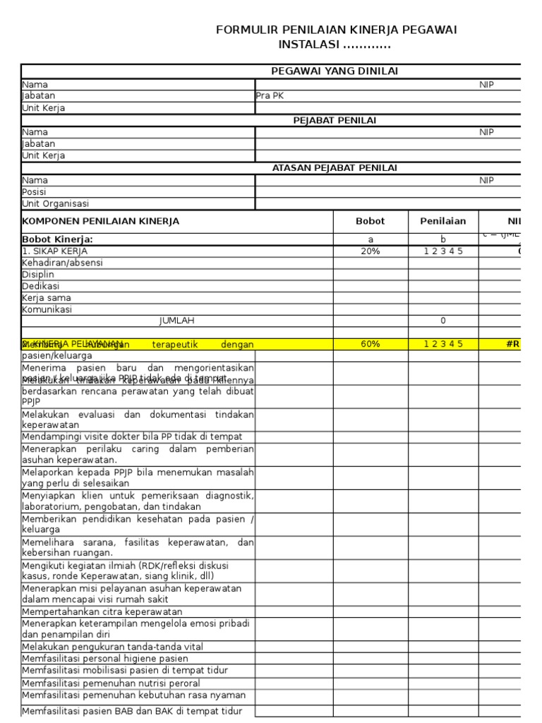 Formulir Penilaian Kinerja Pegawai INSTALASI ............: Pejabat Penilai