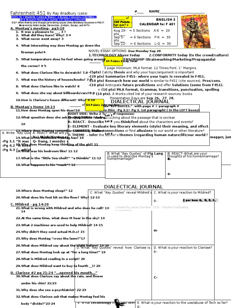 Ela 10 Fahrenheit 451 Questions - Student Guide PDF 2 | PDF
