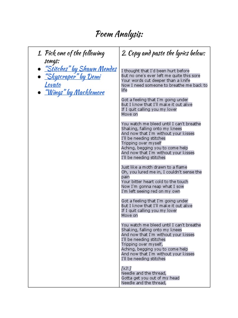 "Stitches" Poem Analysis Guide | PDF | Rhyme | Poetry