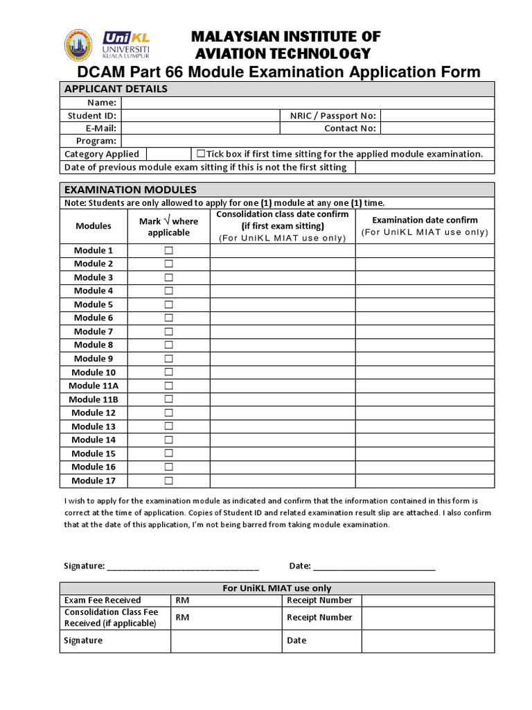 DCAM Module Exam Application Form | Aircraft | Avionics