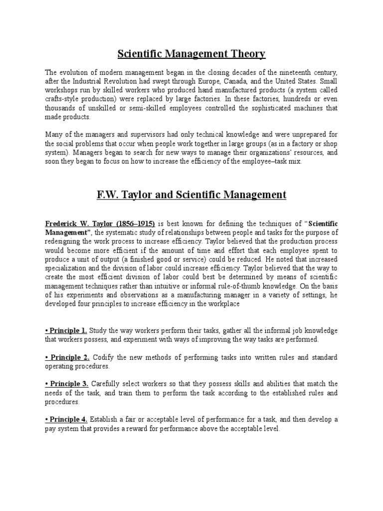 F.W. Taylor's Scientific Management Principles | PDF | Division Of ...