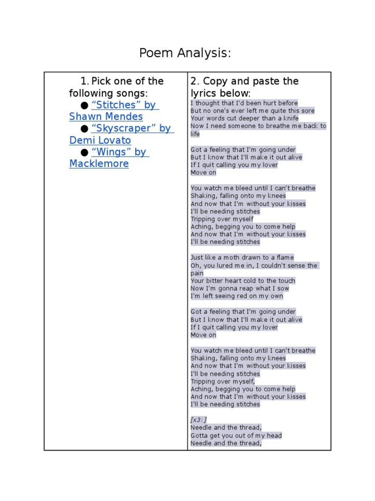 "Stitches Poem Analysis Guide" | PDF | Rhyme | Poetic Devices