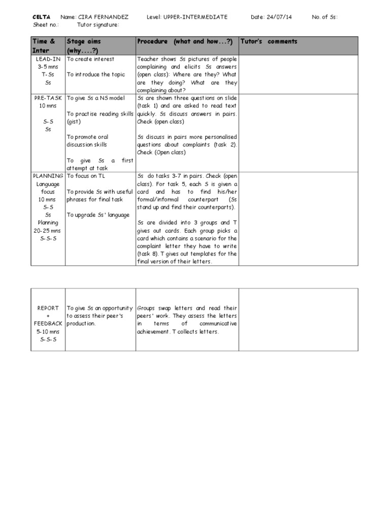 Time & Inter Stage Aims (Why.... ?) Procedure (What and How... ?) Tutor ...