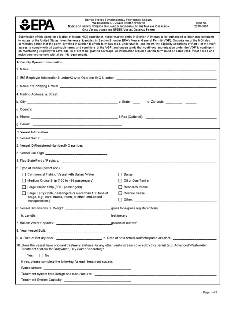 EPA NOI (Notice of Intent) Vessel General Permit - Clean Water Act ...