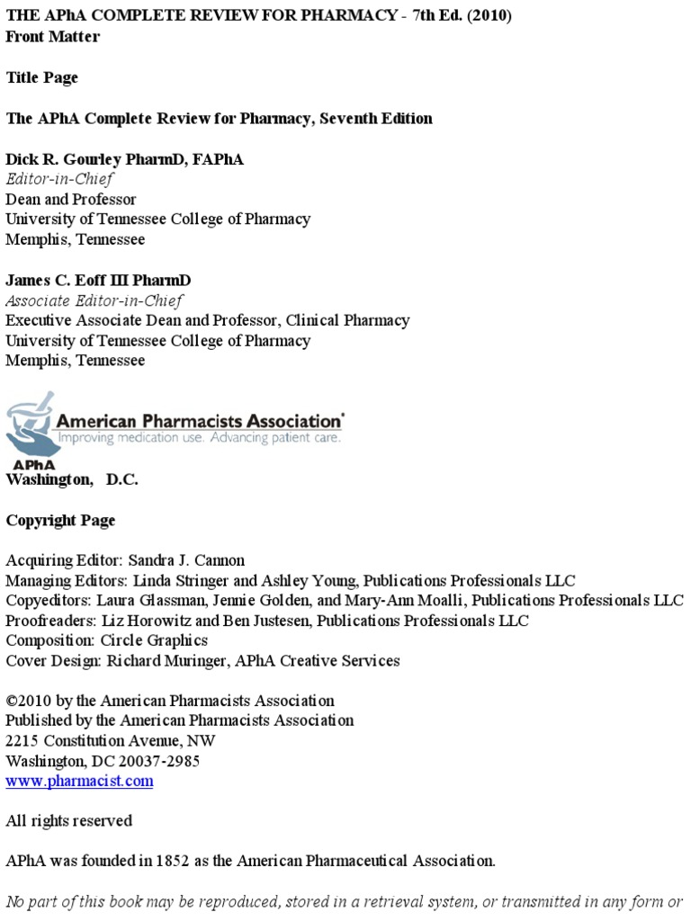 The APhA Complete Review For Pharmacy, 7th Edition 2010 PDF | PDF ...