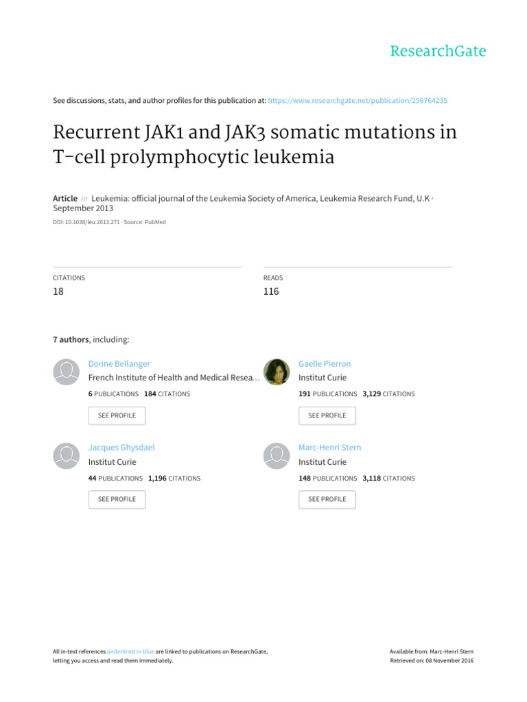 Recurrent JAK1 and JAK3 Somatic Mutations in T-Cell Prolymphocitis ...