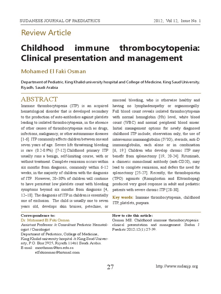 Childhood Immune Thrombocytopenia Clinical Presentation and Management ...