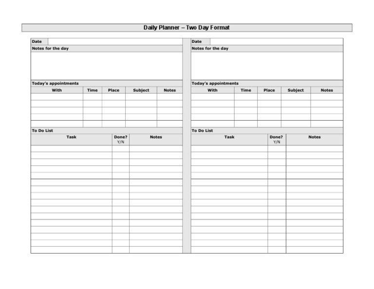 Daily Planner - Two Day Format: Date Date Notes For The Day Notes For ...