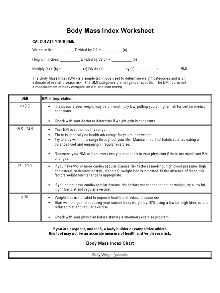 Body Mass Index Worksheet | PDF | Body Mass Index | Dieting
