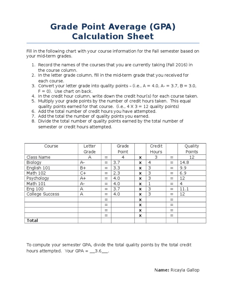 Gpa Calculation Sheet | PDF