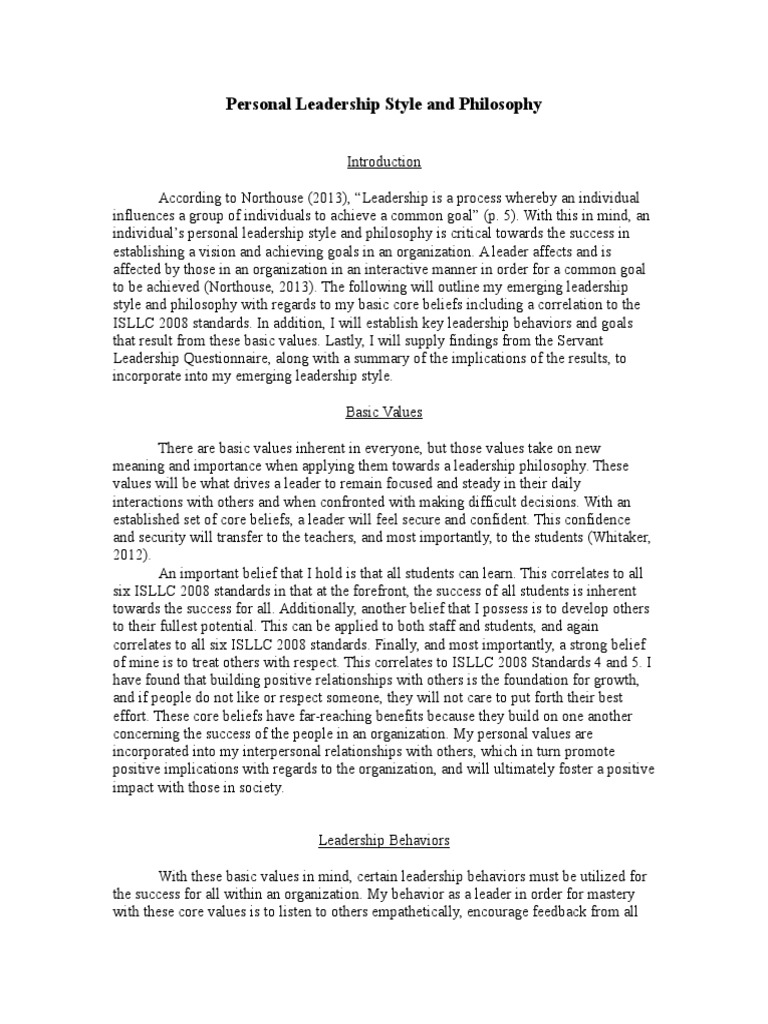Personal Leadership Style and Philosophy Ead 501 | PDF | Servant ...
