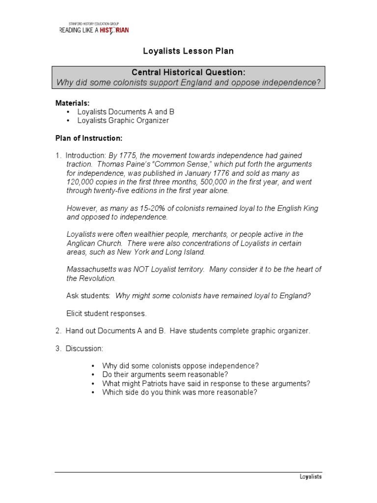 Loyalist Lesson Plan PDF | PDF
