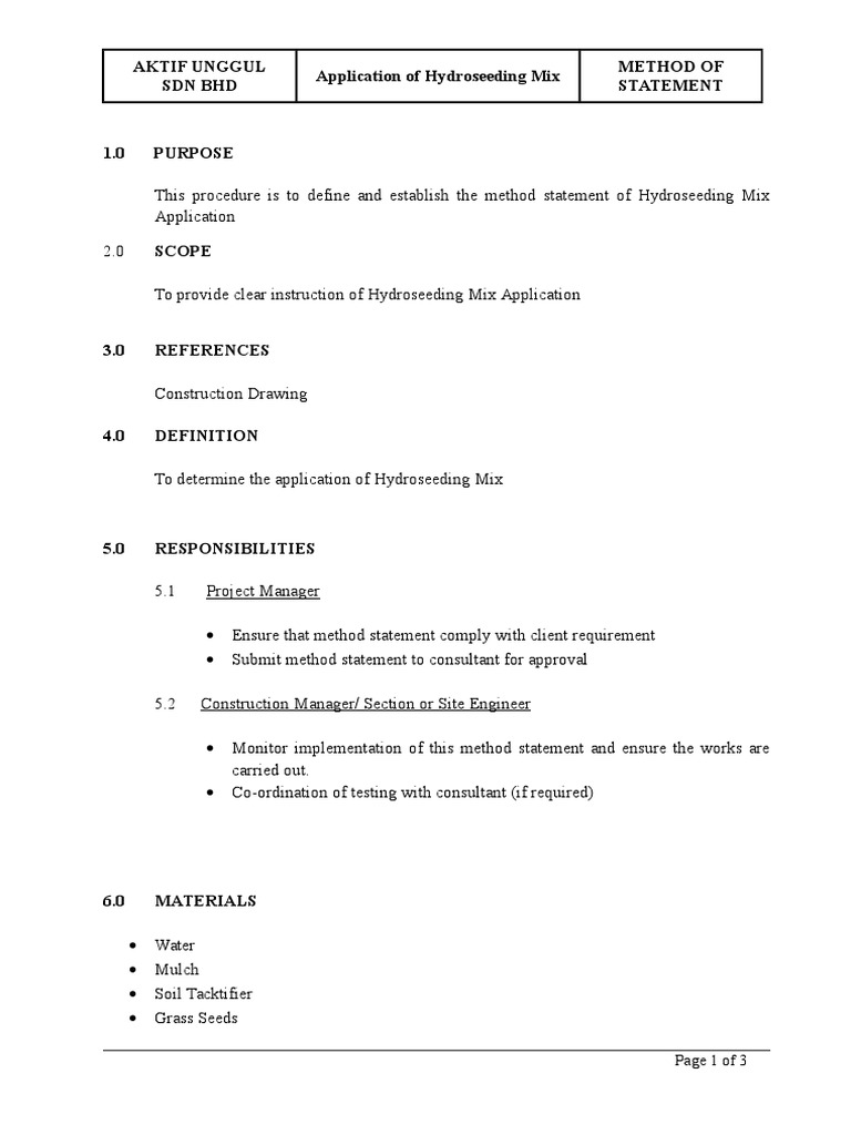 Method Statement For Hydroseeding | PDF | Construction Management | Soil