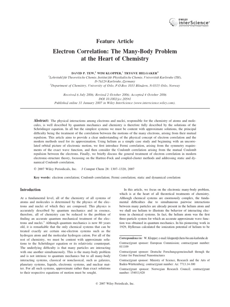 Electron Correlation The Many Body Problem At The Heart Of Chemistry Pdf