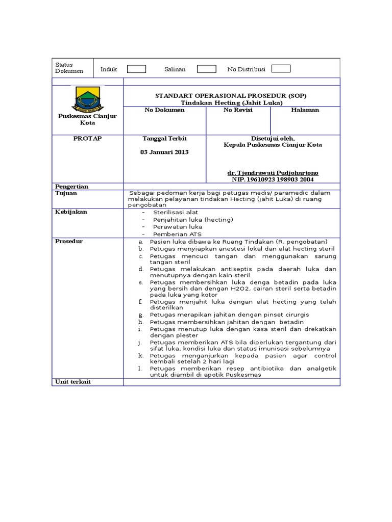 Sop Tindakan Hecting (Jahit Luka) | PDF