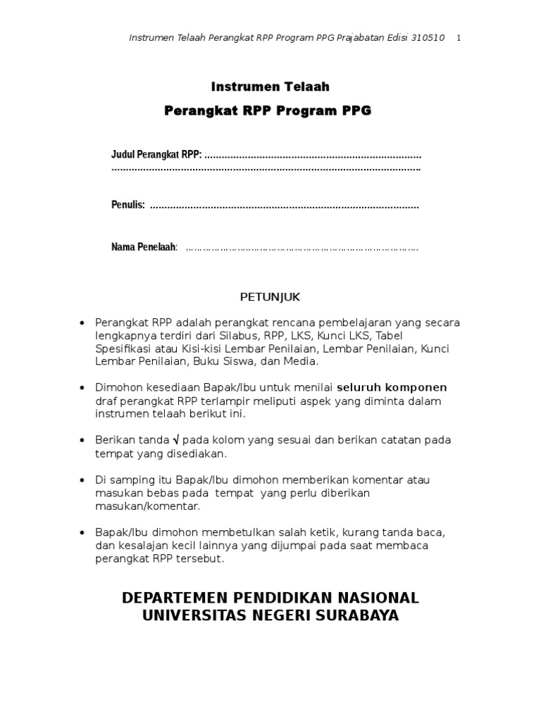 Instrumen Telaah Format Perangkat RPP Program PPG | PDF