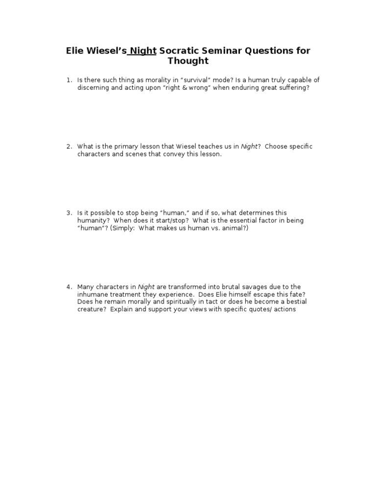 Night Socratic Seminar Questions | PDF