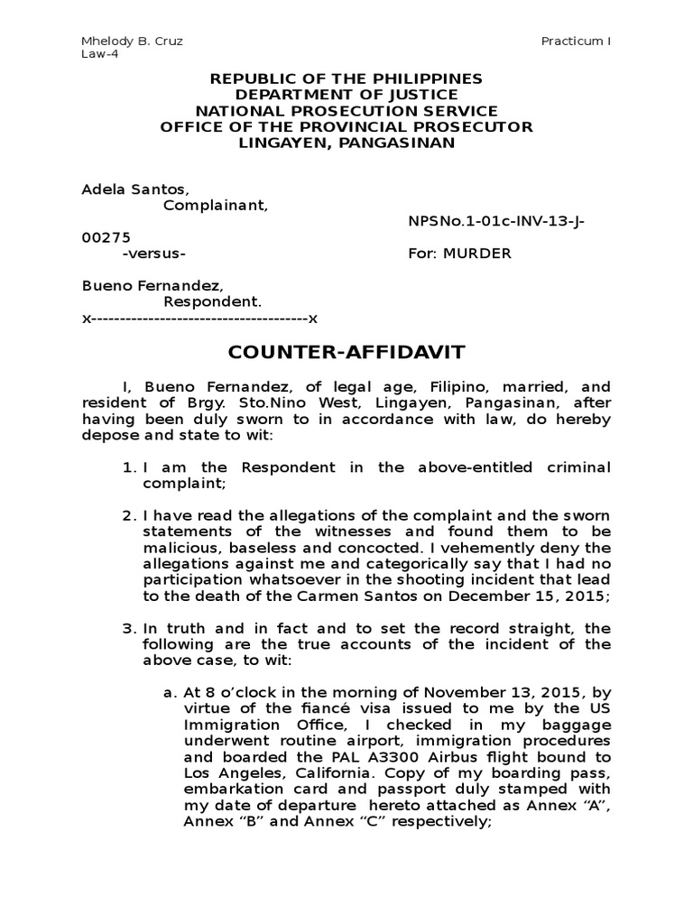 Counter-Affidavit in Murder Case | PDF | Affidavit | Complaint