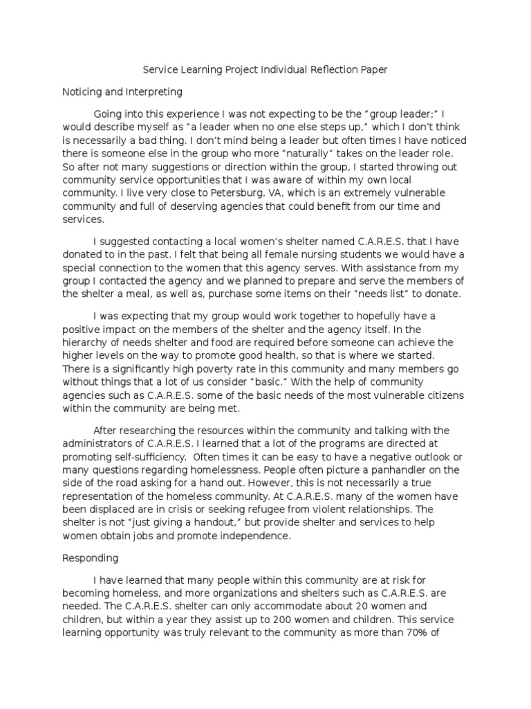 Service Learning Project Individual Reflection Paper | PDF | Service ...
