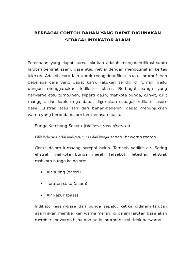 Berbagai Contoh Bahan Yang Dapat Digunakan Sebagai Indikator Alami | PDF
