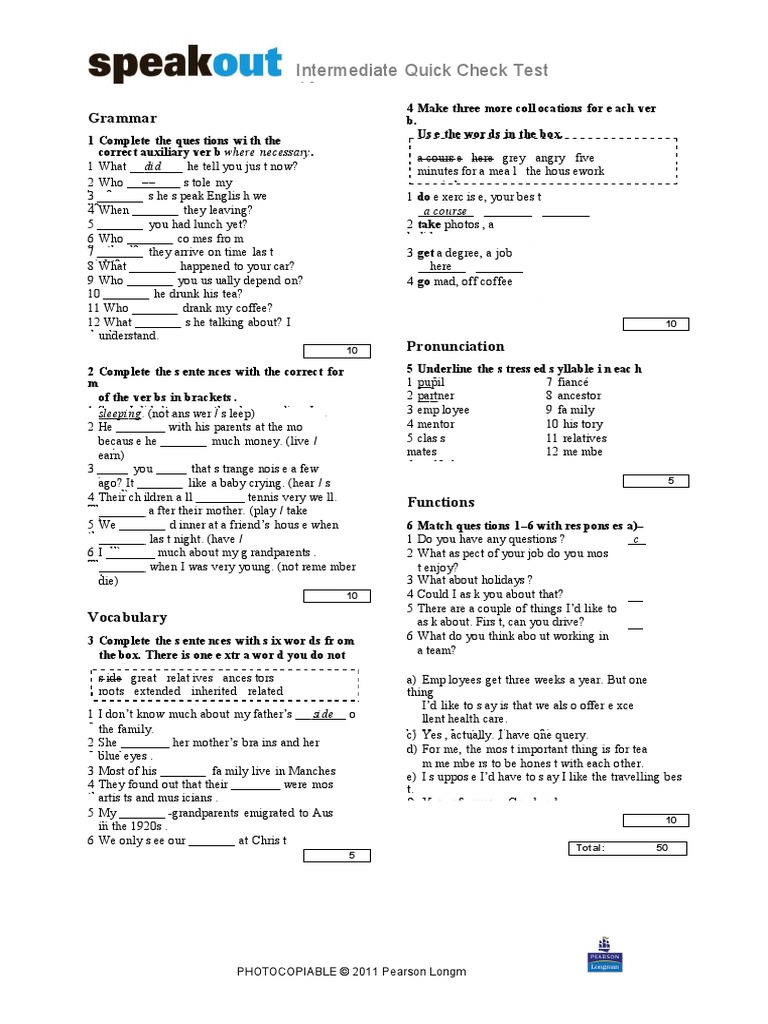 Intermediate Quick Check Test 1A: Grammar | PDF