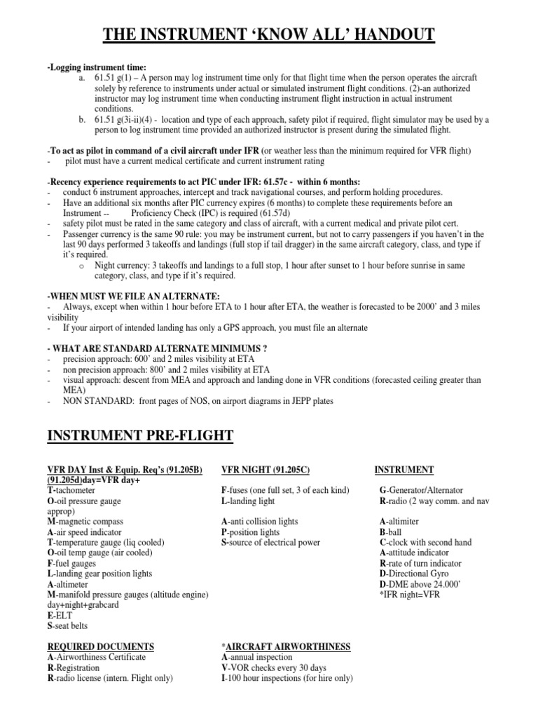 IFR Know All Handout | Instrument Flight Rules | Visual Flight Rules