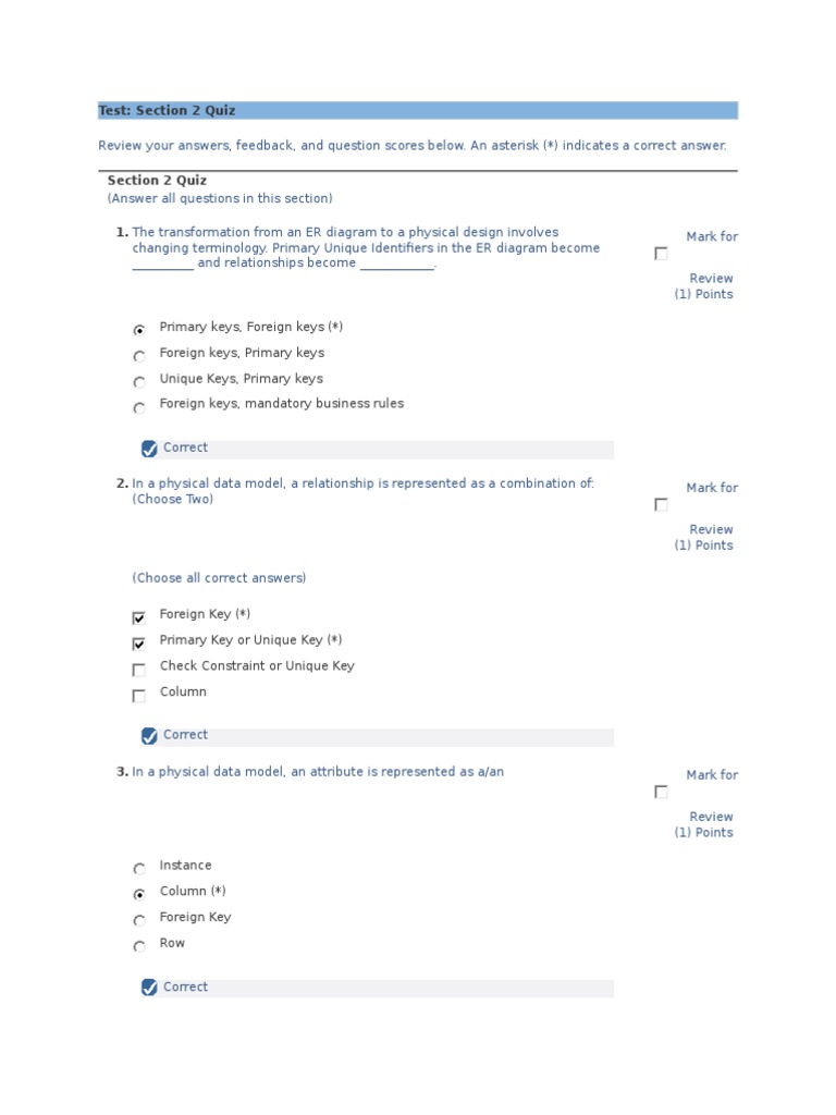 Test Section 2 Quiz | PDF | Table (Database) | Conceptual Model