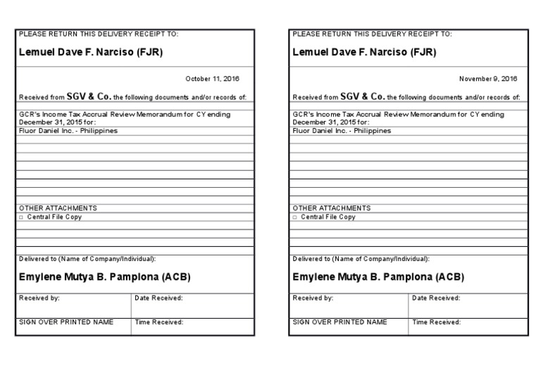 Delivery Receipt for Fluor Daniel Inc. - Philippines' 2015 Income Tax ...