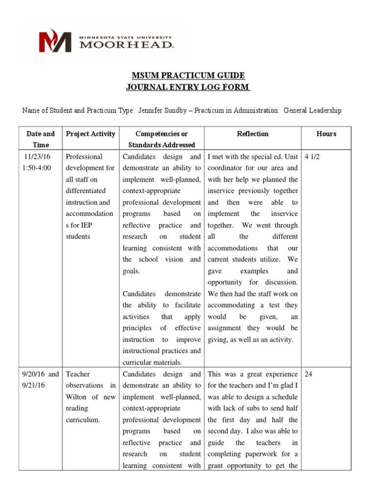 practicum hours log and journal - filled in | Reflective Practice | Curriculum