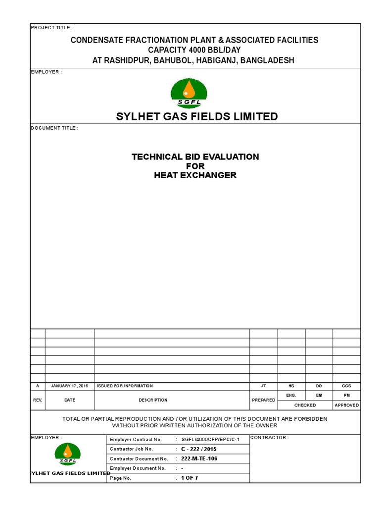 Technical Evaluation of Heat Exchanger Bids for Sylhet Gas Fields ...