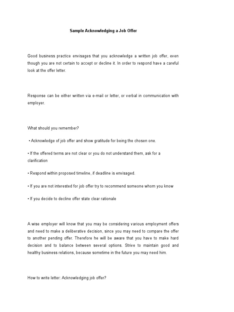 Sample Acknowledging A Job Offer | PDF