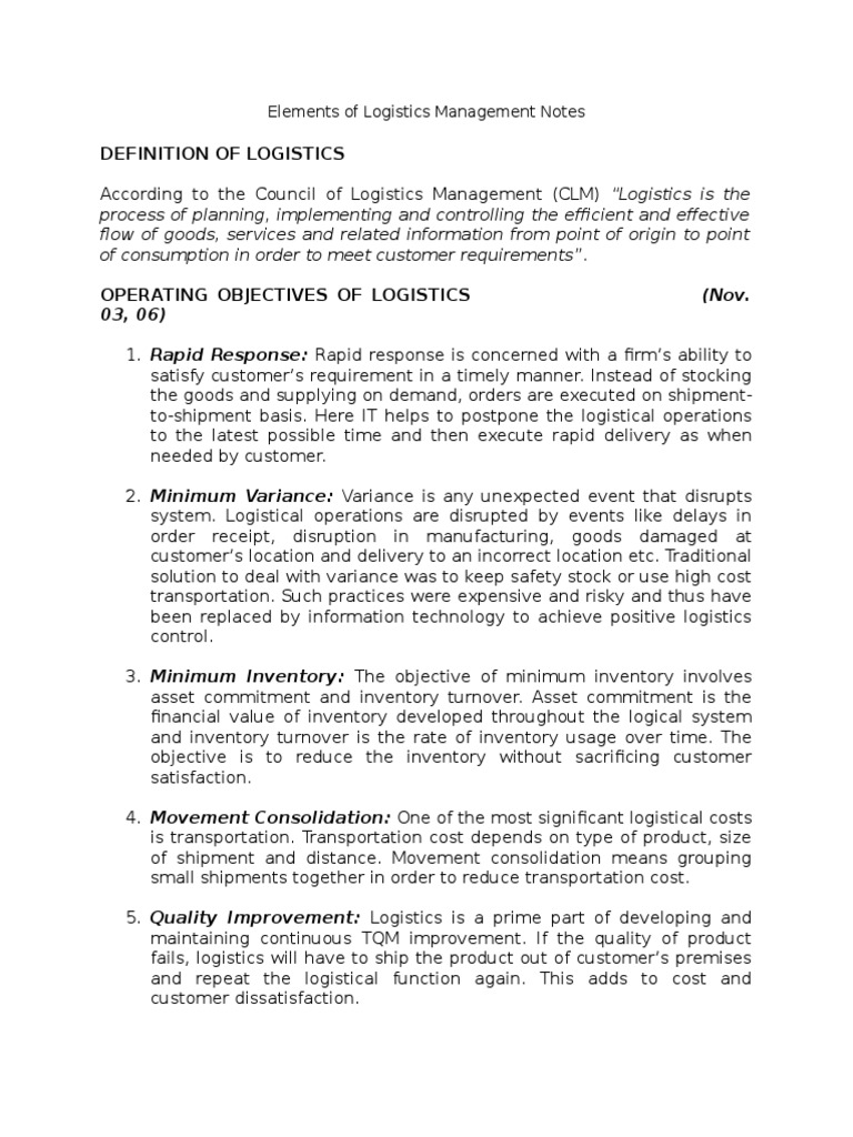 Elements of Logistics Management Notes | PDF | Logistics | Intermodal ...