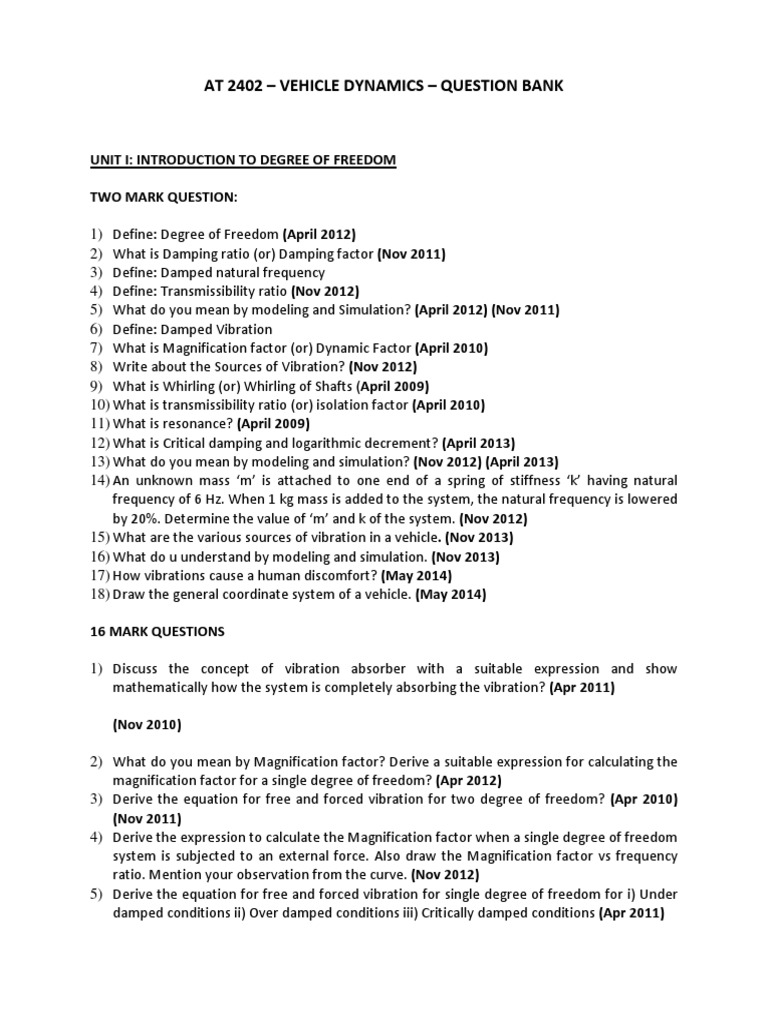 Vehicle Dynamics Question Bank | PDF | Suspension (Vehicle) | Tire