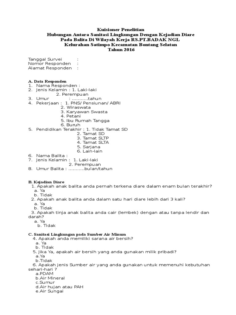 Kuesioner Penyakit Diare | PDF
