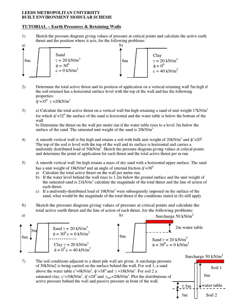 11 - Tutorial - Earth Pressures & Retaining Walls | PDF | Soil ...