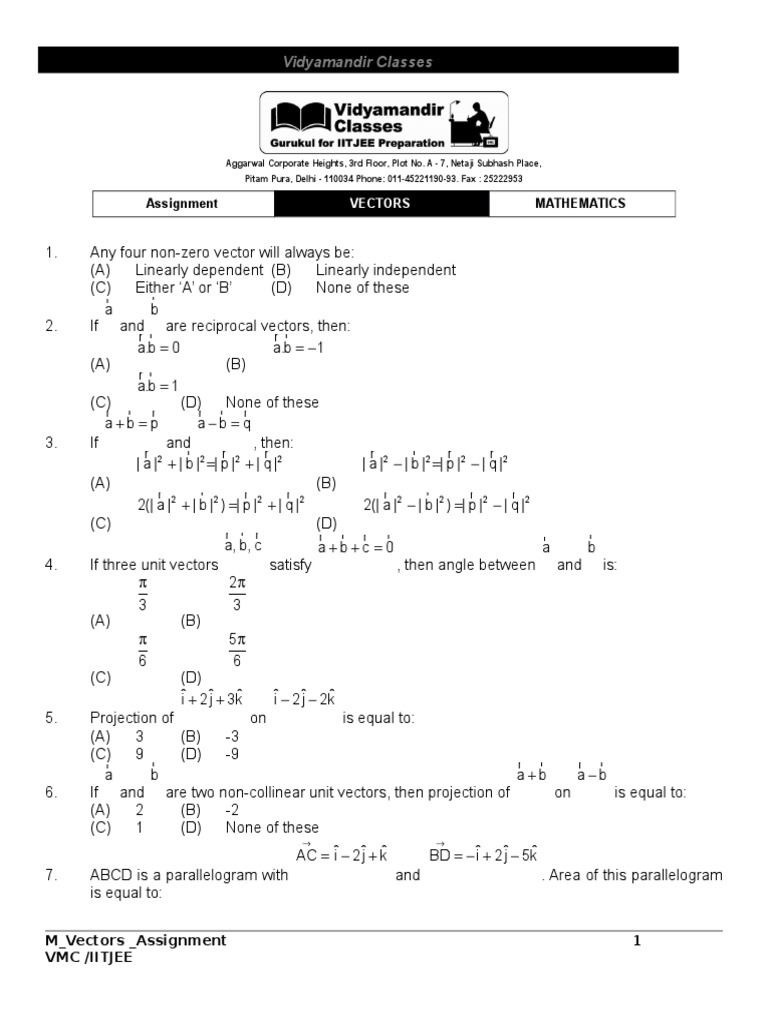 Vectors Mathematics 50 Questions | PDF | Euclidean Geometry | Linear ...