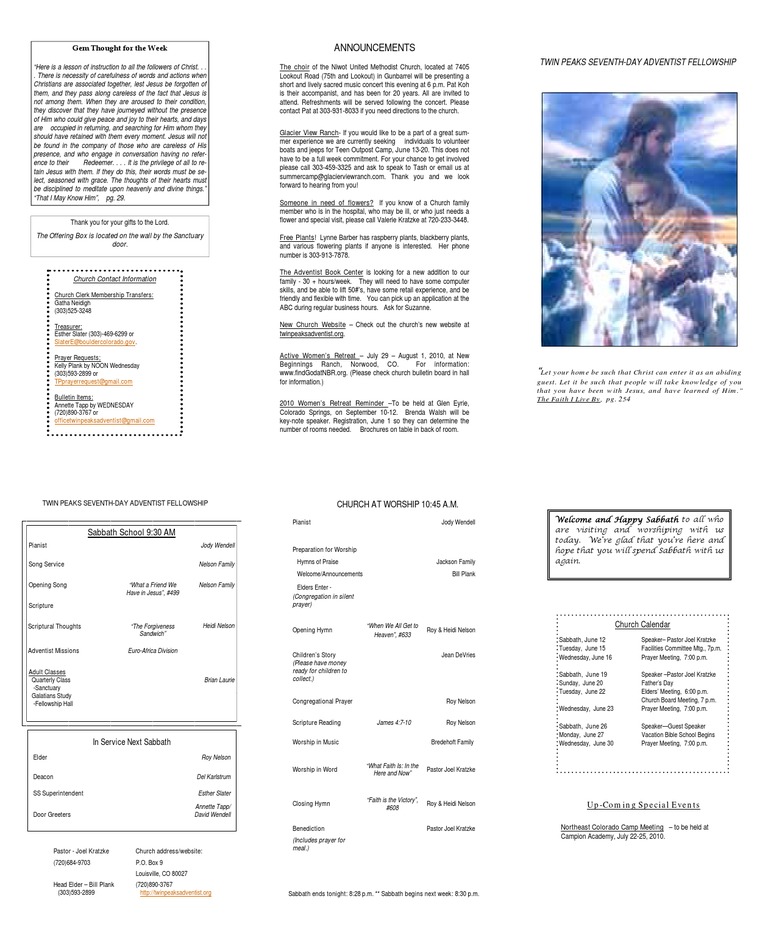 Twin Peaks SDA Bulletin - 2010-06-12 | PDF | Seventh Day Adventist ...