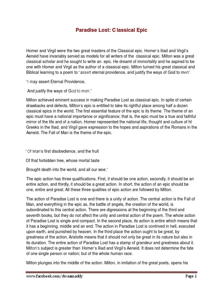 Paradise Lost As Classical Epic or Classic Epic by John Milton Question ...