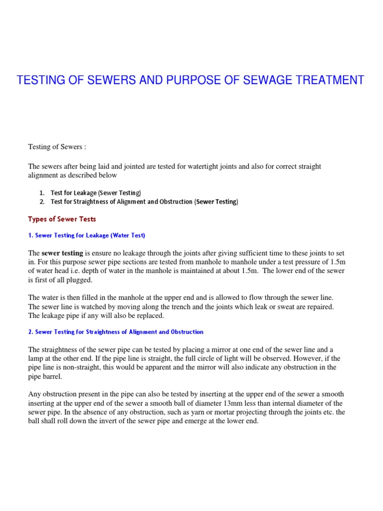 Testing of Sewers and Purpose of Sewage Treatment | PDF | Sanitary ...