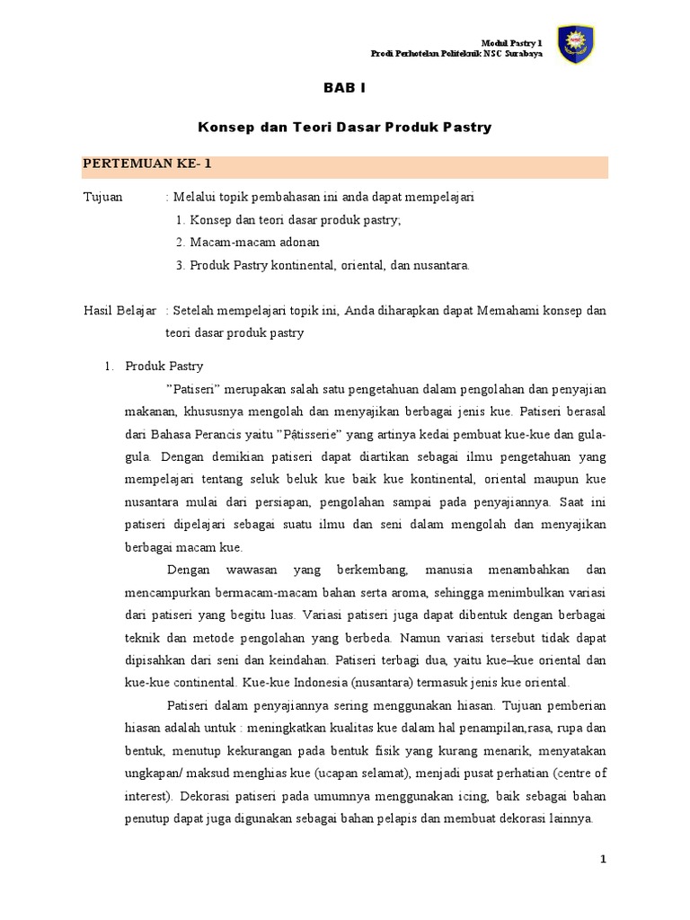 Modul Pastry 1 (Chapter 1) | PDF | Memasak, Makanan, & Anggur