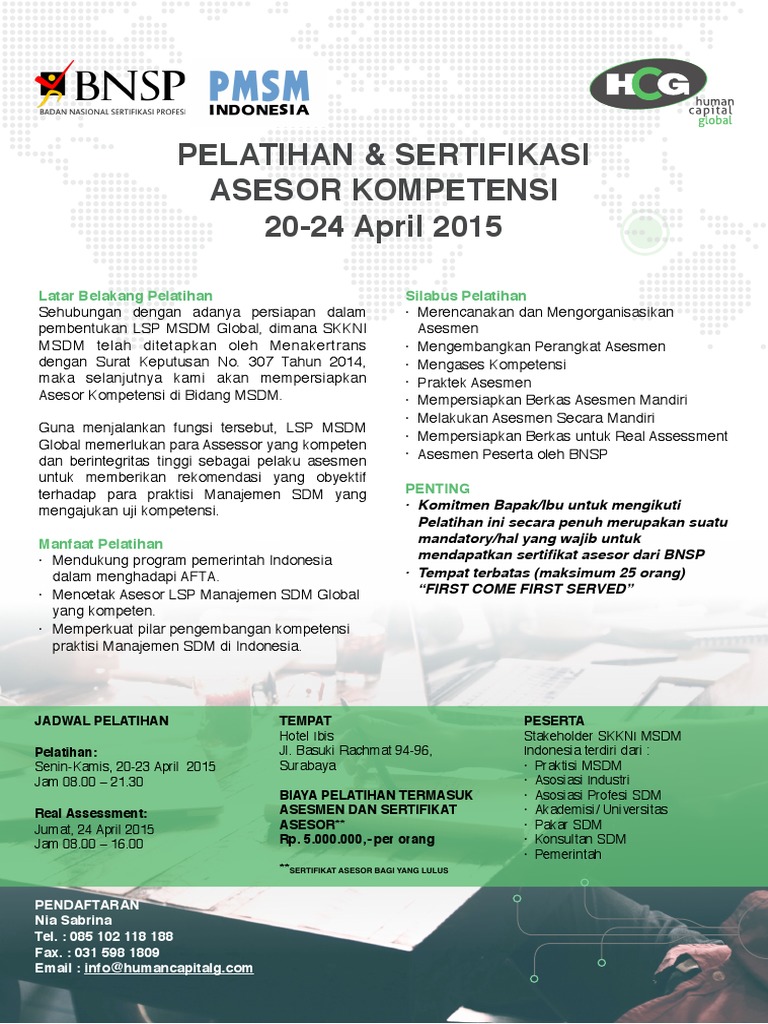 Brosur Pelatihan Sertifikasi Asesor Kompetensi MSDM Surabaya PDF | PDF