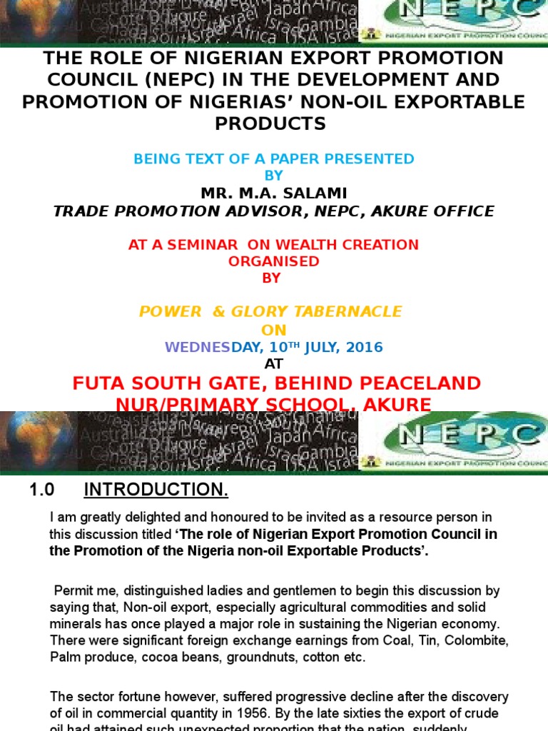 The Role of Nig. Export Promotion Council in The Promotion of Non-Oil ...