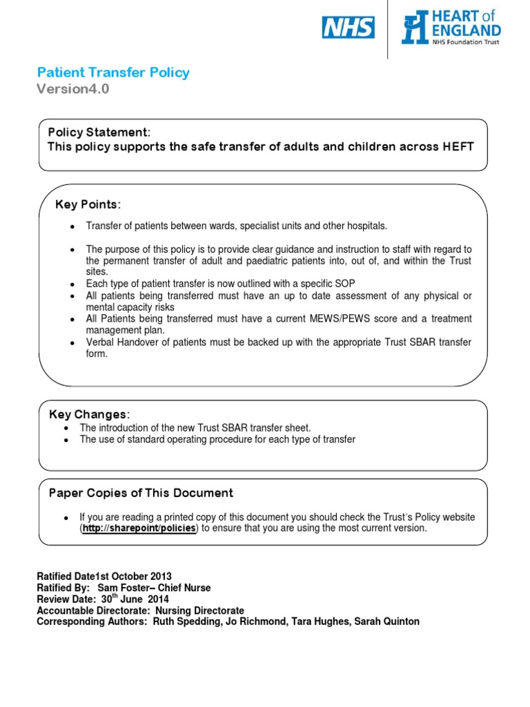 Patient Transfer Policy v4.0 | PDF | Monitoring (Medicine) | Nursing