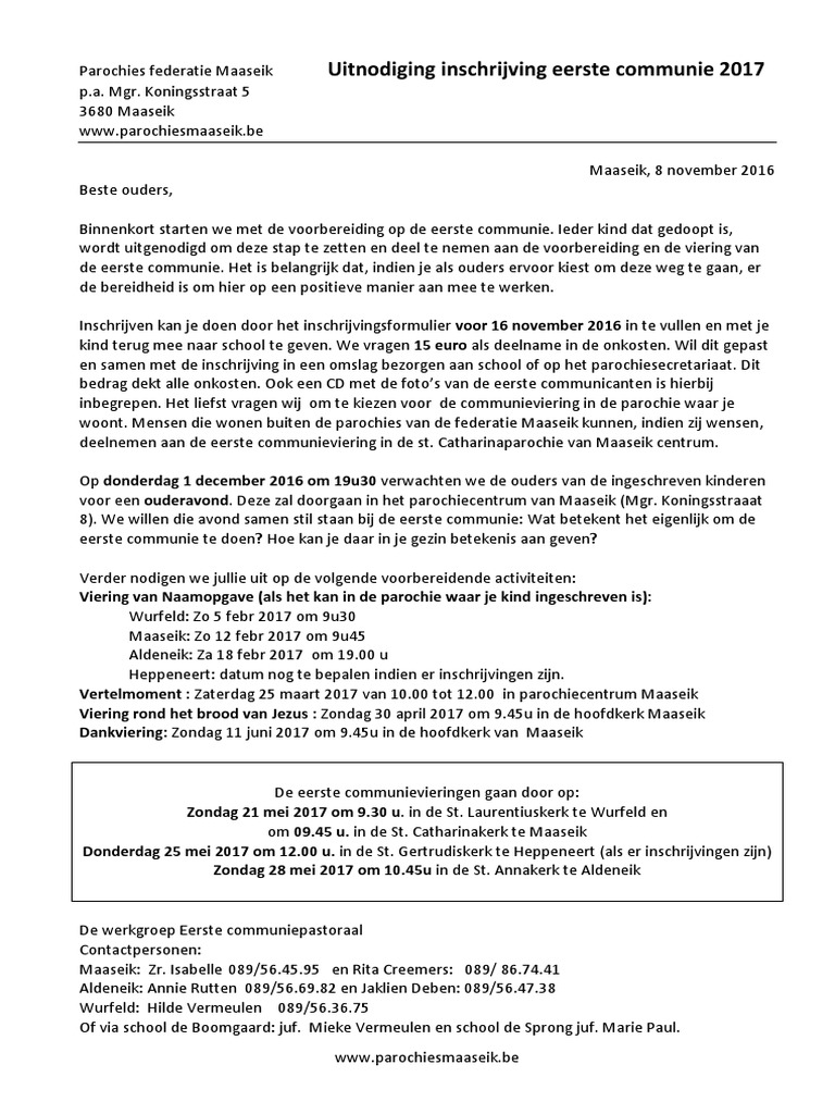 2016 Inschrijvingsformulier 1ste Communie | PDF