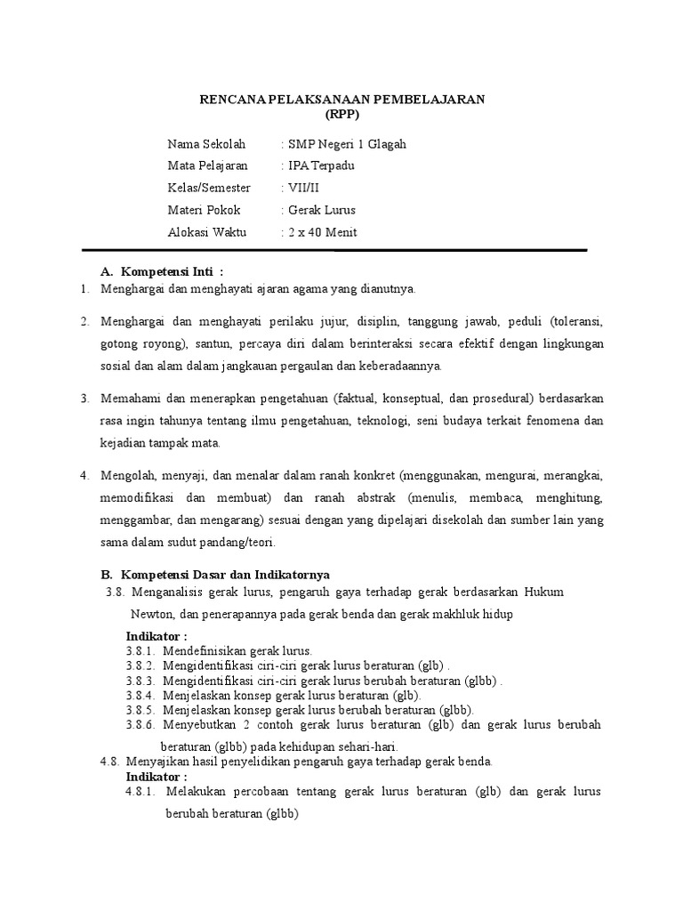 RPP Inquiry Gerak Lurus Beraturan Dan Berubah Beraturan | PDF