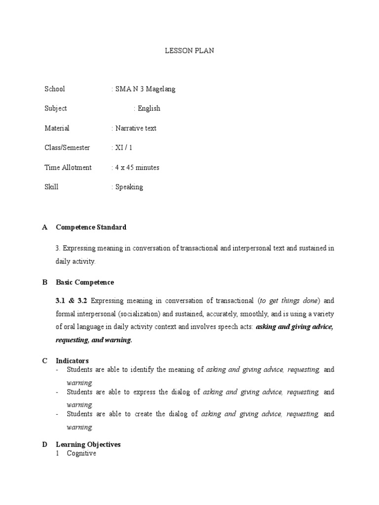 English Lesson Plan: Narrative Text Skills | PDF | Advice (Opinion ...